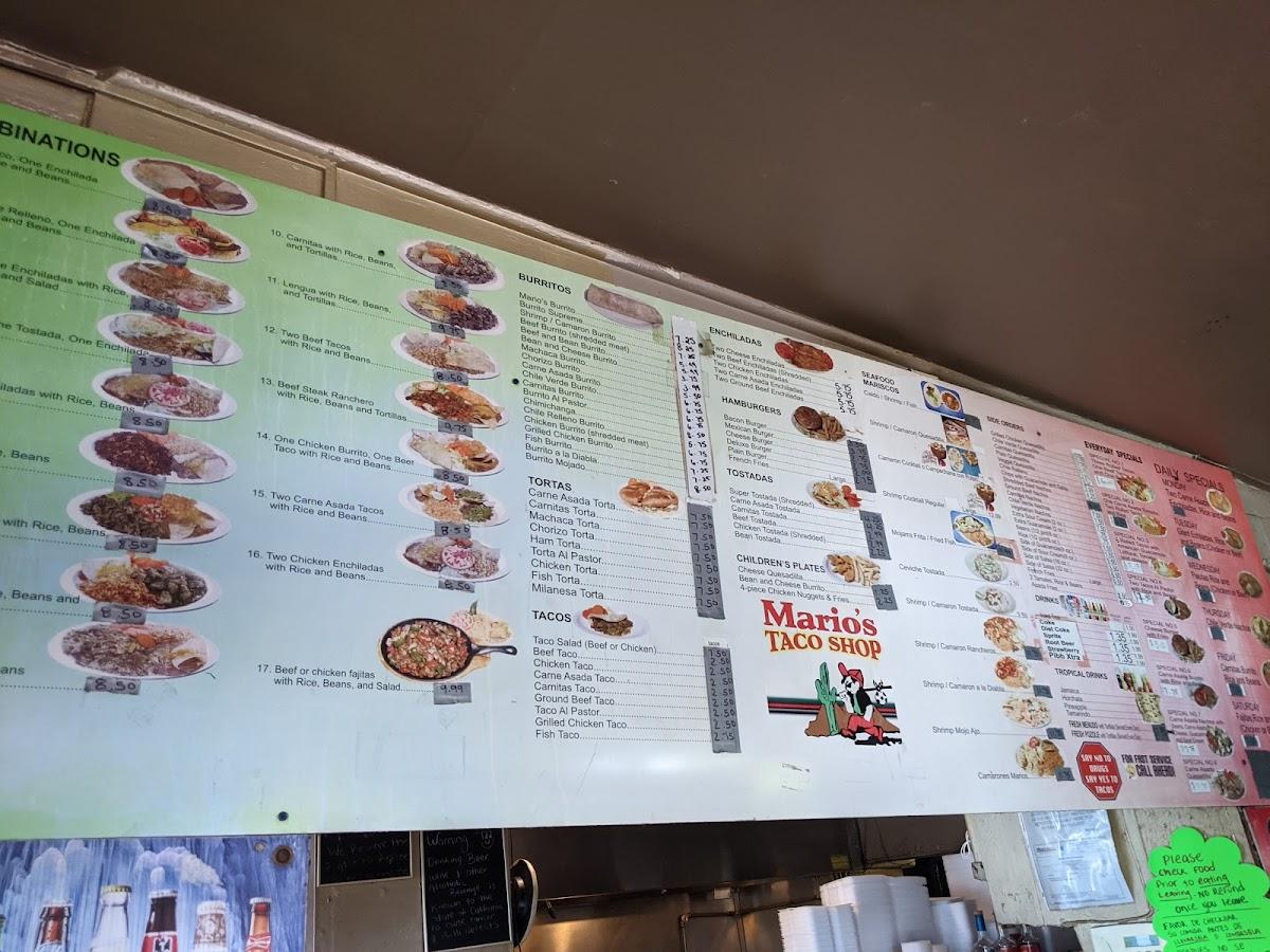 Menu at Mario's Taco Shop fast food, Merced, 51 W 16th St