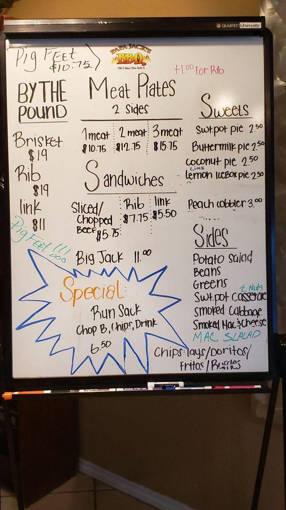 Menu at Papa Jack's BBQ, Waco