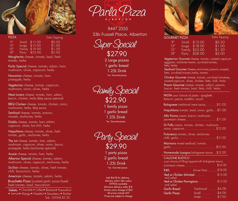 Menu at Parla Pizza pizzeria, Alberton