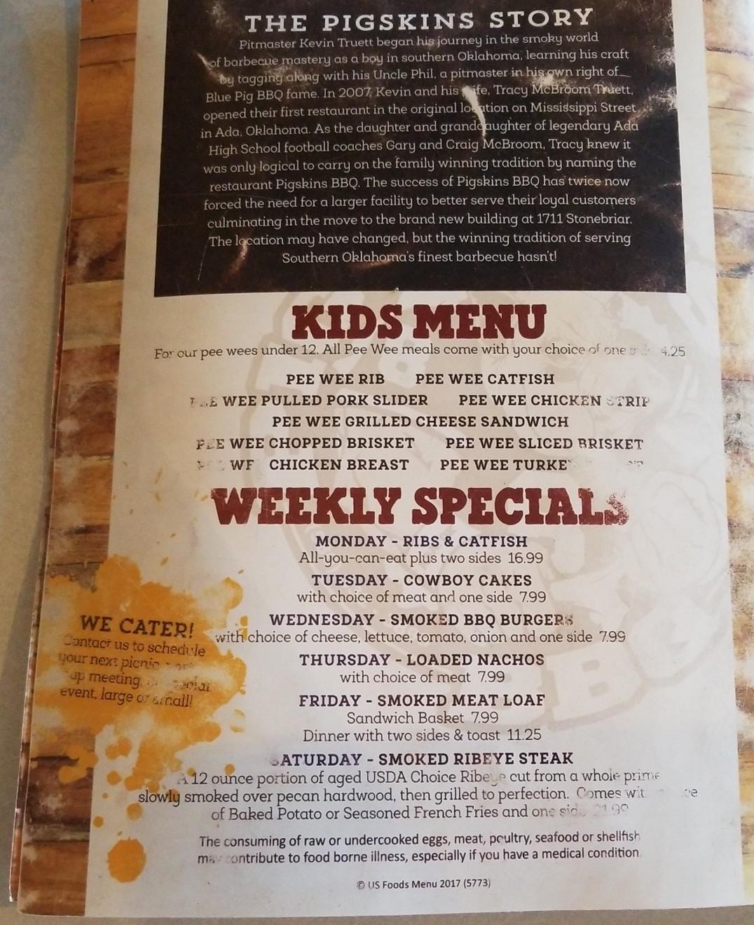 Menu at Pigskins BBQ, Ada, Stone Briar Dr
