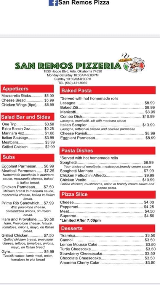 Menu at San Remos Pizza & Pasta pizzeria, Ada