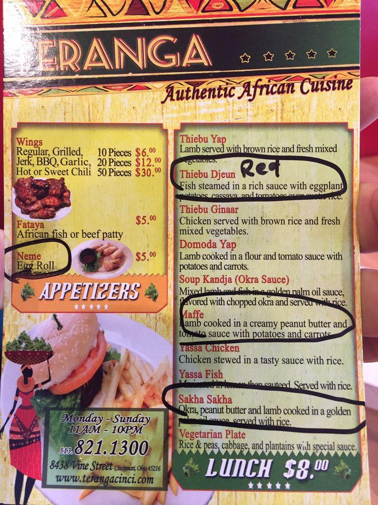 Menu at Teranga African Restaurant, Cincinnati