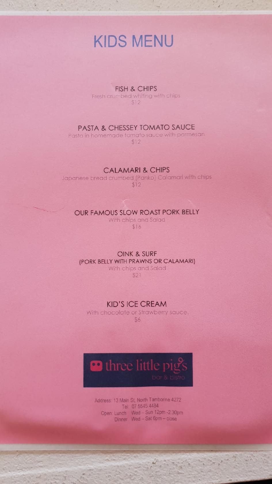 Menu at Three Little Pigs Bar & Bistro, Tamborine Mountain