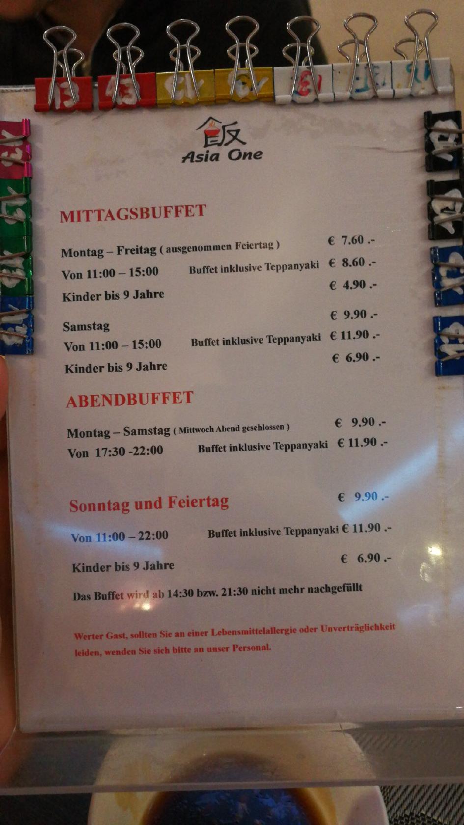 Speisekarte von ASIA ONE restaurant, Mistelbach