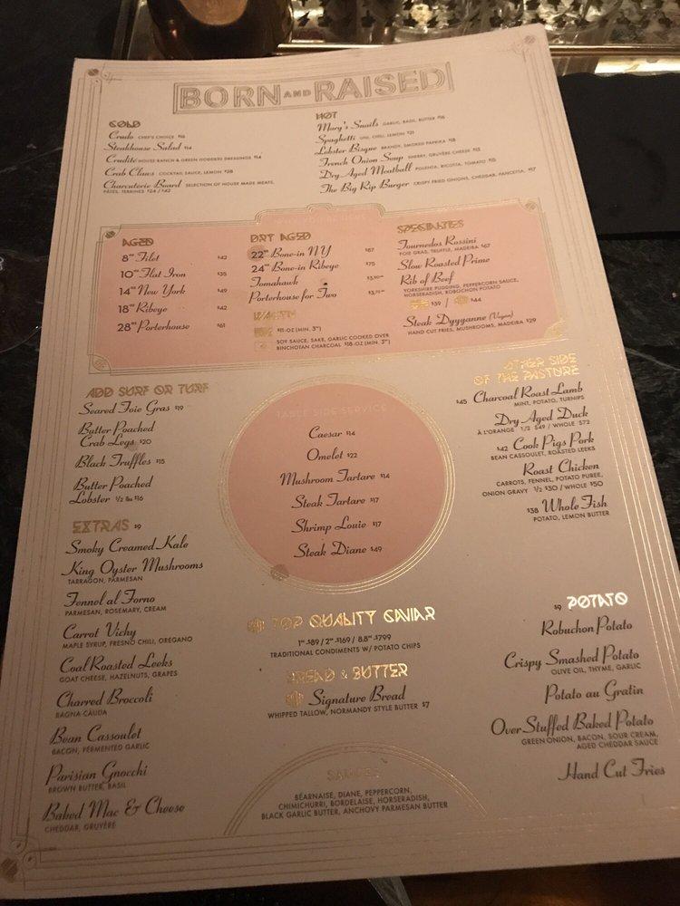 Menu at Born and Raised steakhouse, San Diego, India St