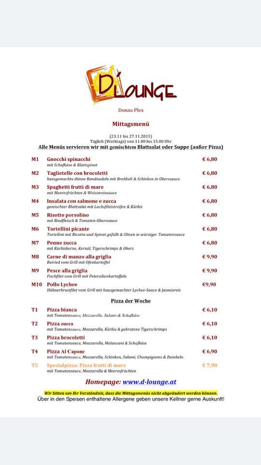 Menu at D-Lounge-Donauplex restaurant, Austria