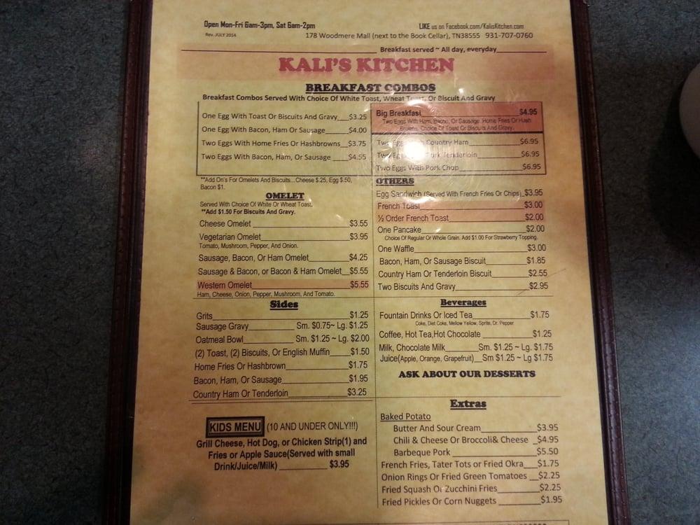 Menu at Kali's Kitchen restaurant, Crossville, 178 Woodmere Mall