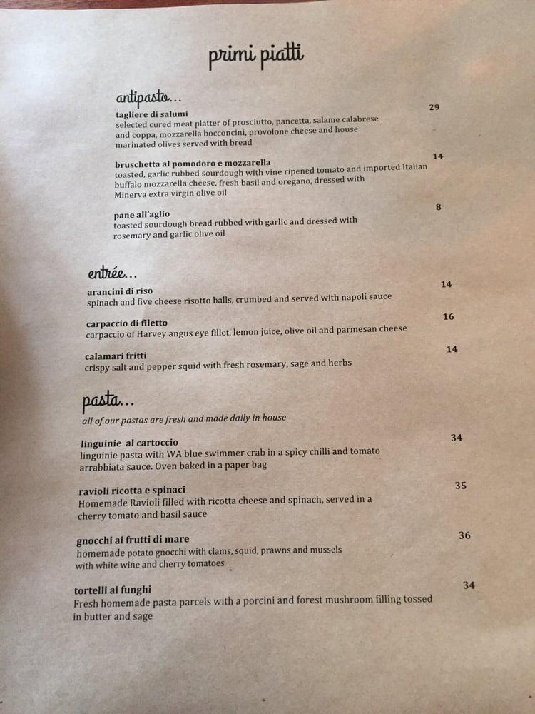 Menu at La Scarpetta Trattoria restaurant, Margaret River