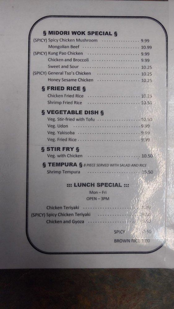 Menu at Midori Teriyaki restaurant, Kirkland
