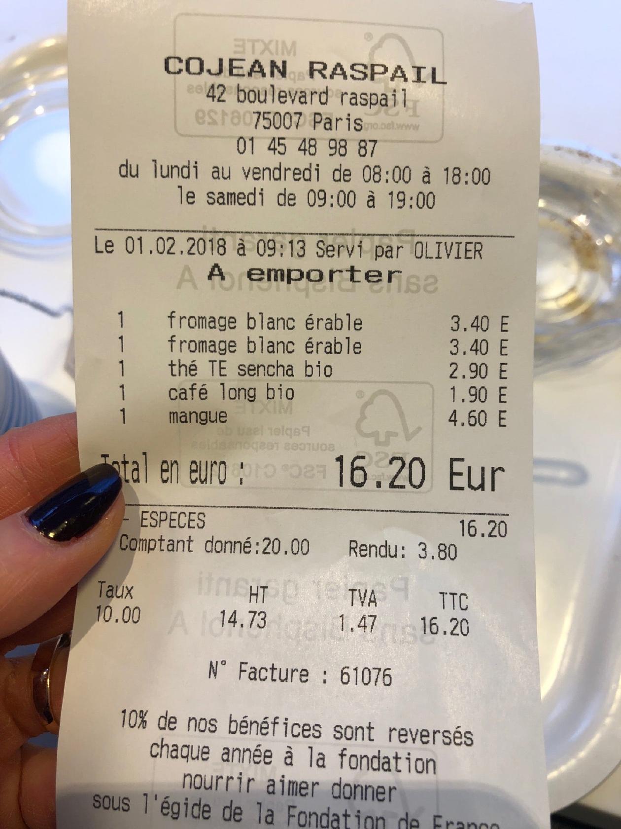 Menu at COJEAN RASPAIL restaurant, Paris