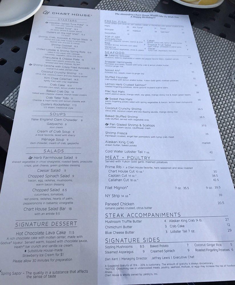 Menu at Chart House steakhouse, Alexandria