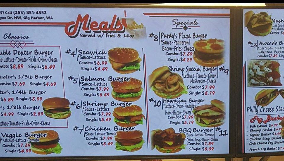 Menu at Dexter's Drive-In pizzeria, Gig Harbor