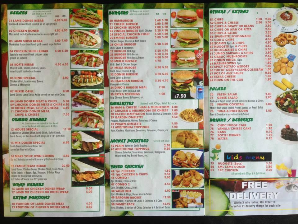 Menu at Dinos restaurant, Middlewich