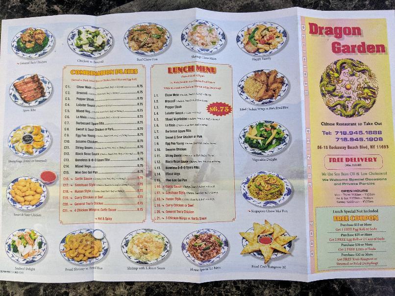 Menu at Dragon Garden restaurant, New York City, 8618 Rockaway Beach Blvd