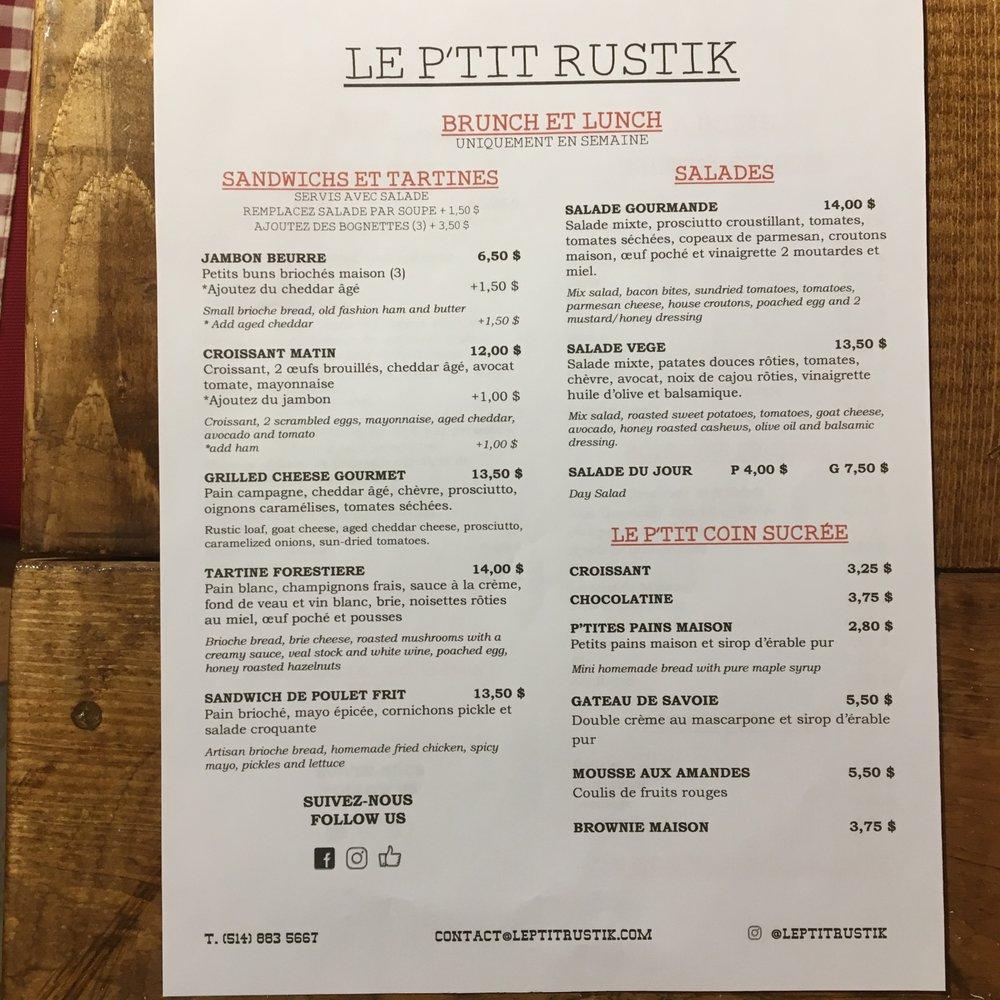 Menu at Le P'tit Rustik cafe, Montreal