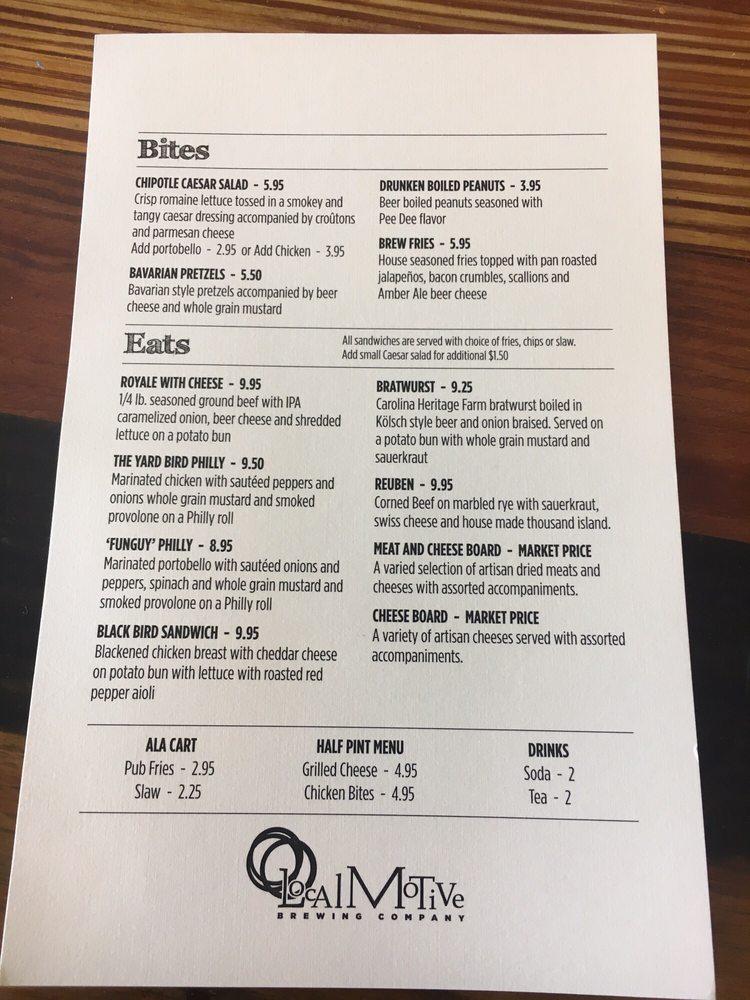 Menu at Local Motive Brewery pub & bar, Florence