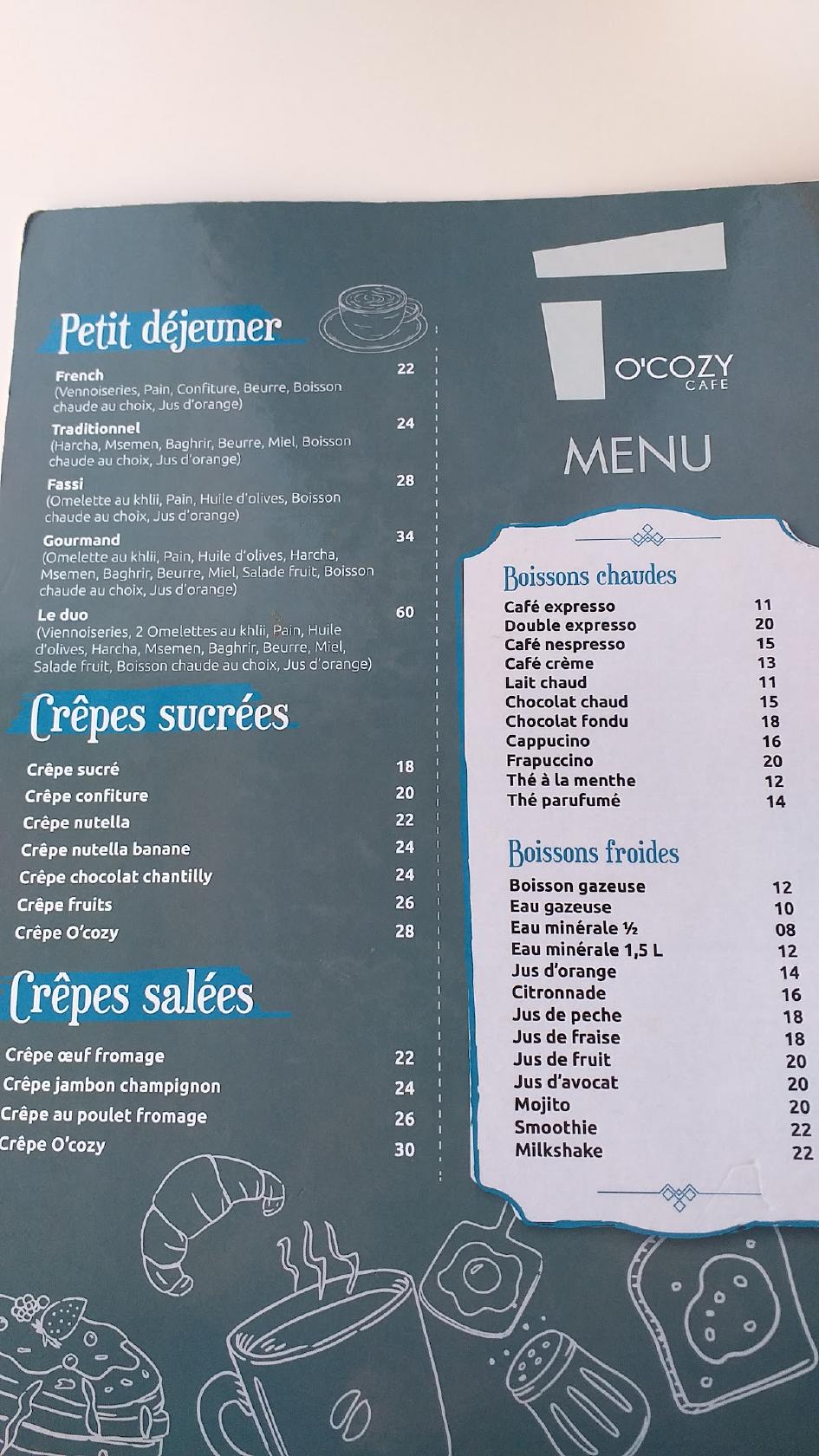 Carta del restaurante O'cozy, Tamesna