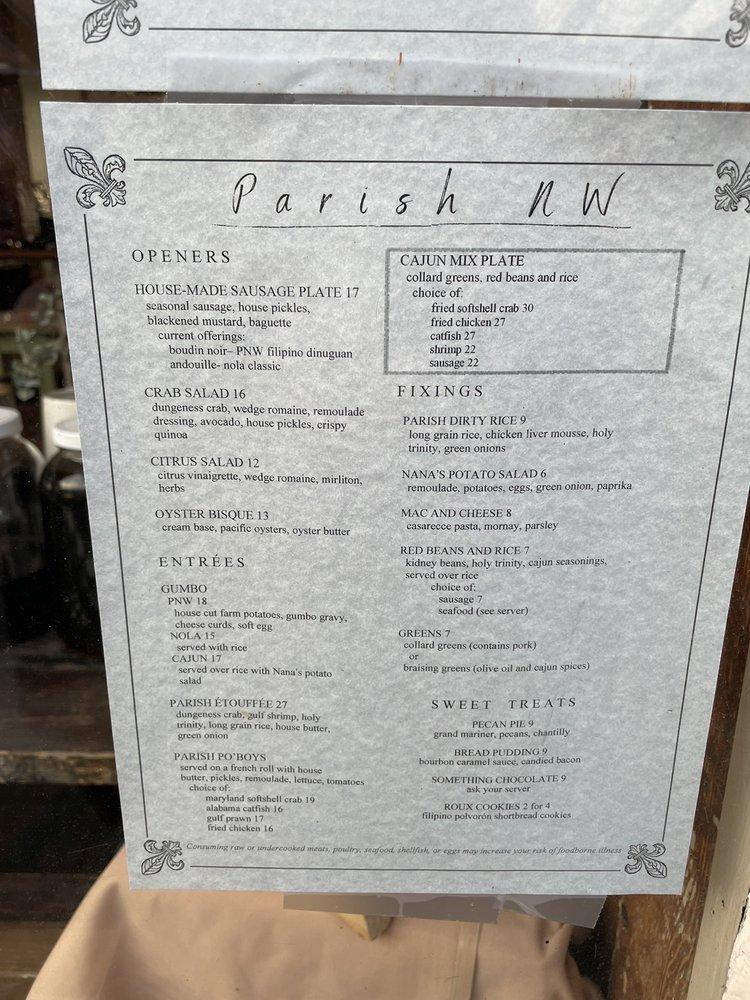 Menu at Parish NW restaurant, Seattle