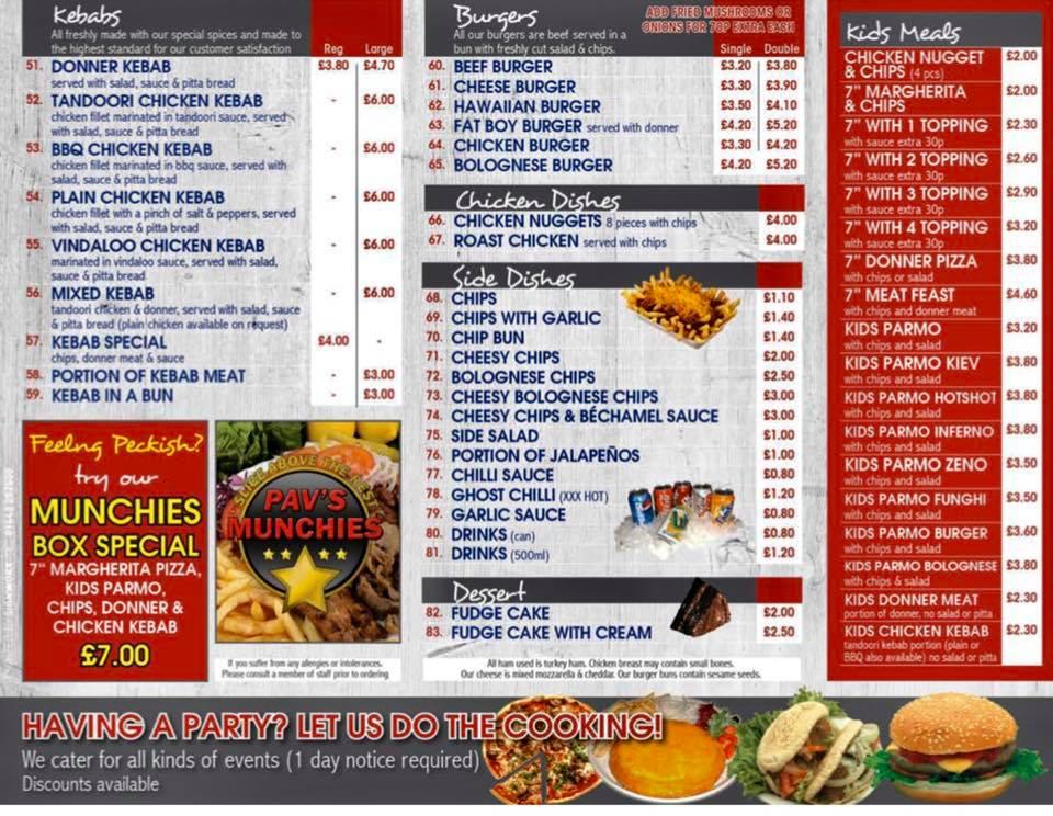 Menu at Pav's Munchies, est.1996 pizzeria, Middlesbrough, Unit 1