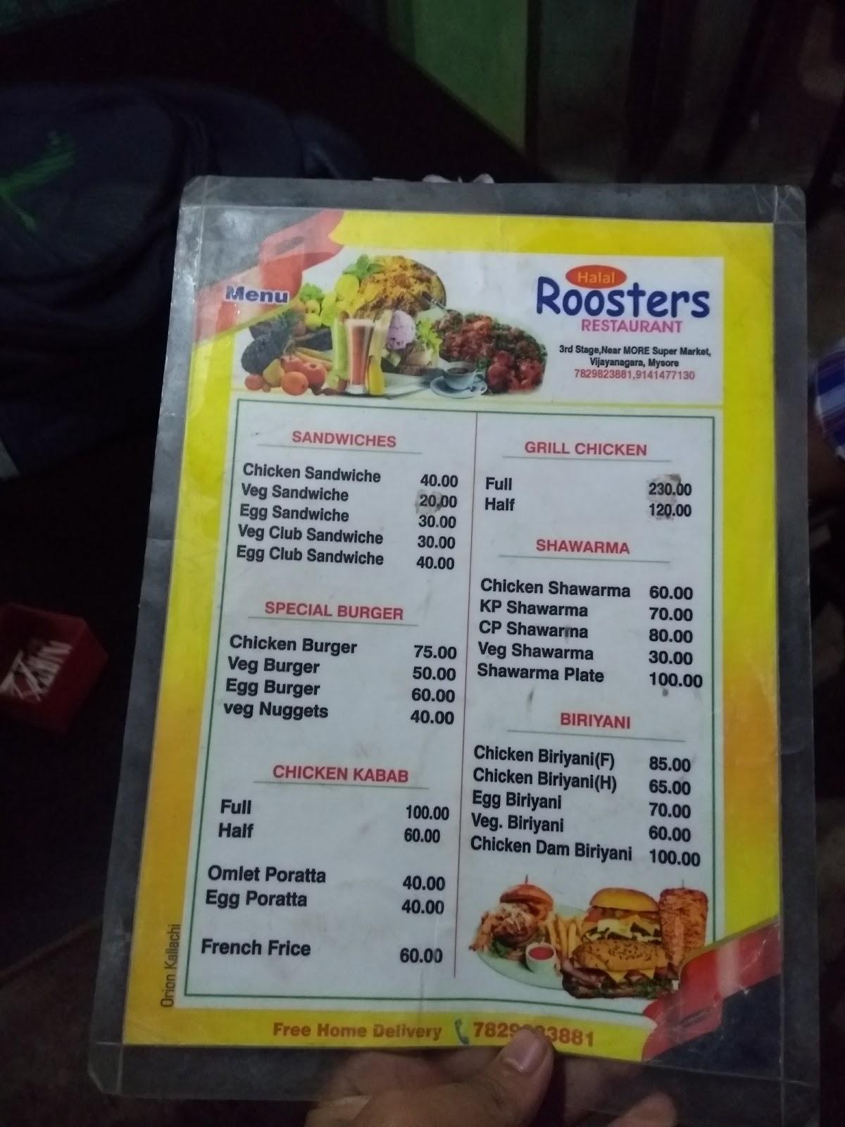 Menu at Roosters, Mysuru