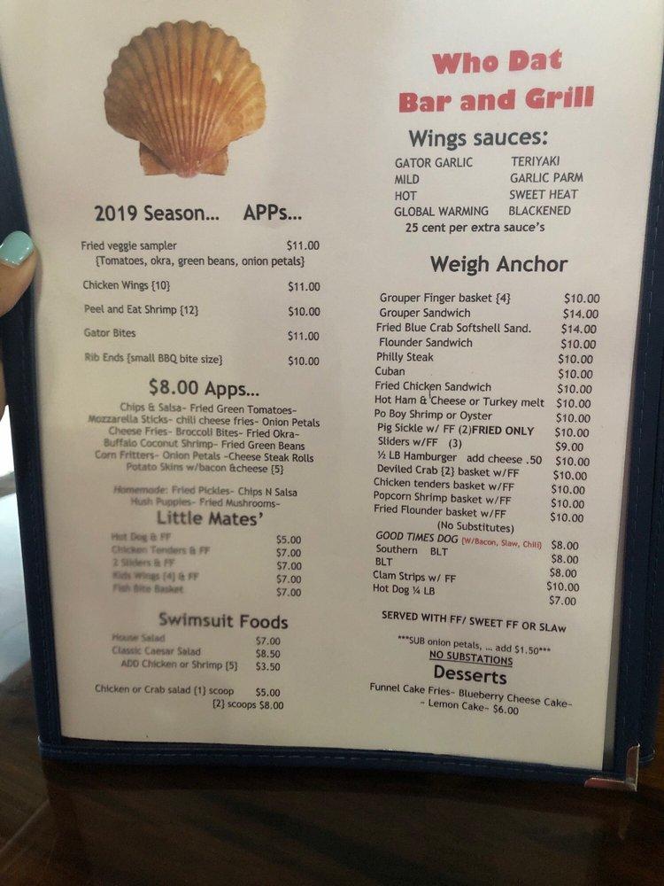 Menu at Who Dat Bar & Grill, Steinhatchee