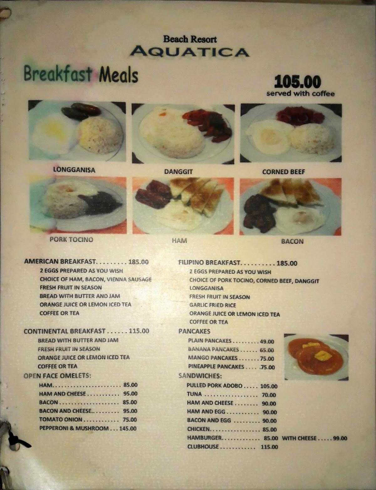 Menu at Aquatica Beach Resort, Panglao