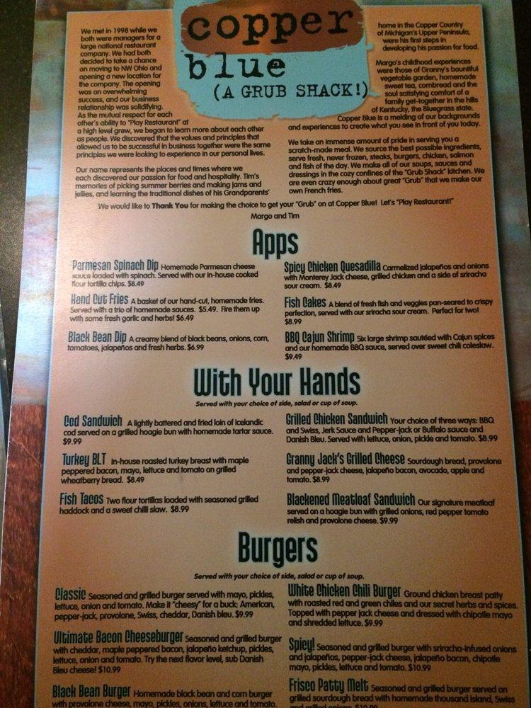 Menu at Copper Blue restaurant, Milford