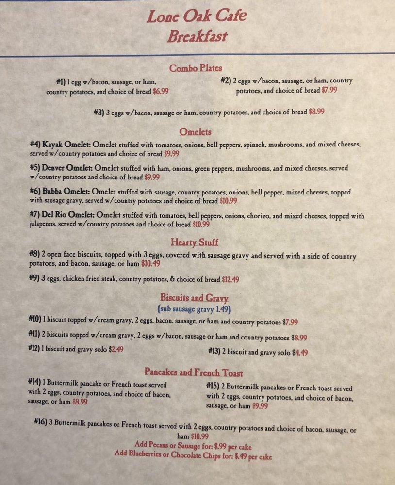 Menu at Lone Oak Cafe, Sanger