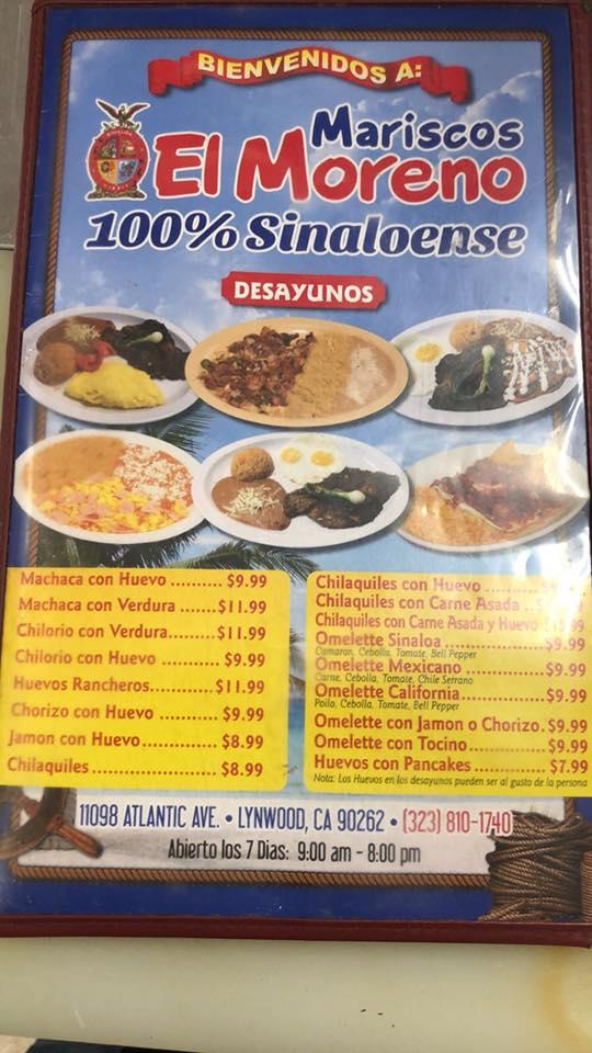 Menu at Mariscos El Moreno restaurant, Lynwood, Atlantic Ave