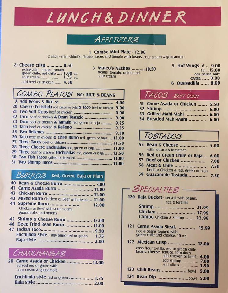 Menu at Mateos Mexican Grill restaurant, Show Low