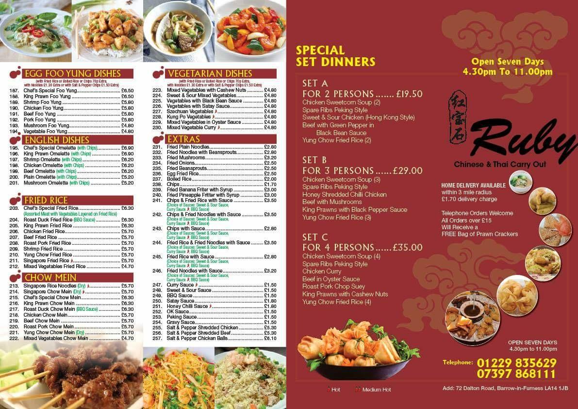Menu at Ruby Chinese & Thai fast food, Barrow-in-Furness