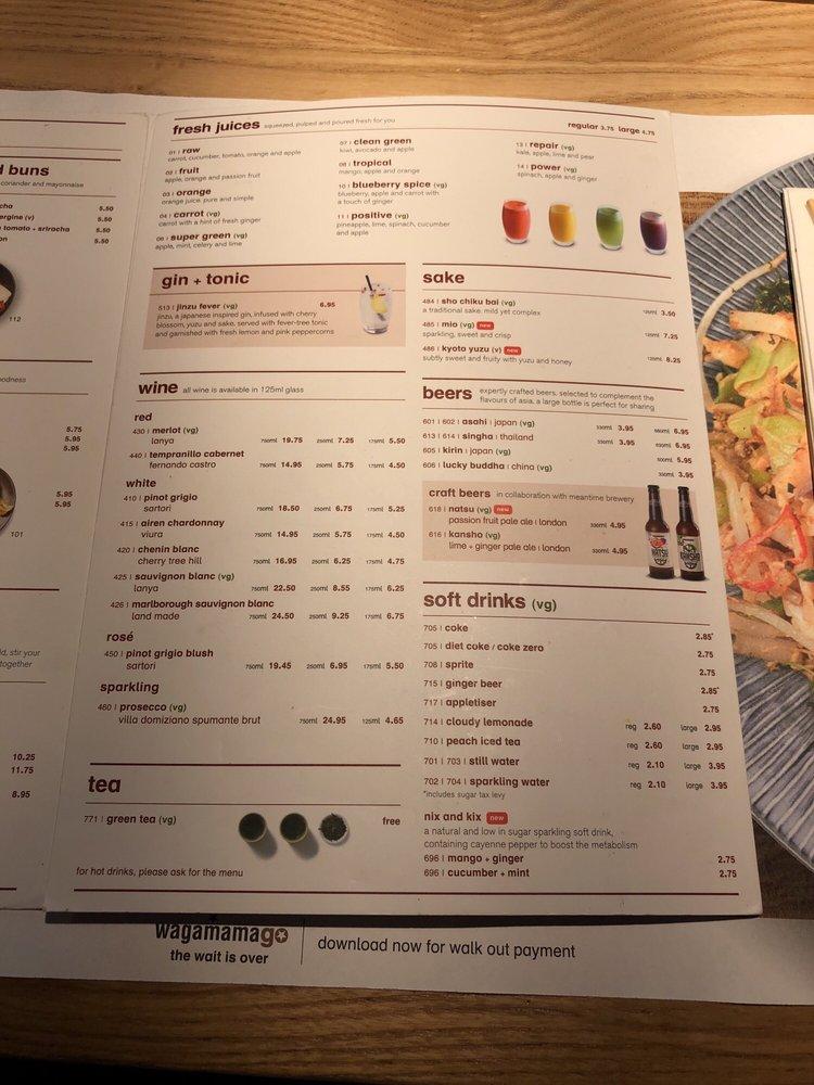 Menu at wagamama southbank restaurant, London, riverside level