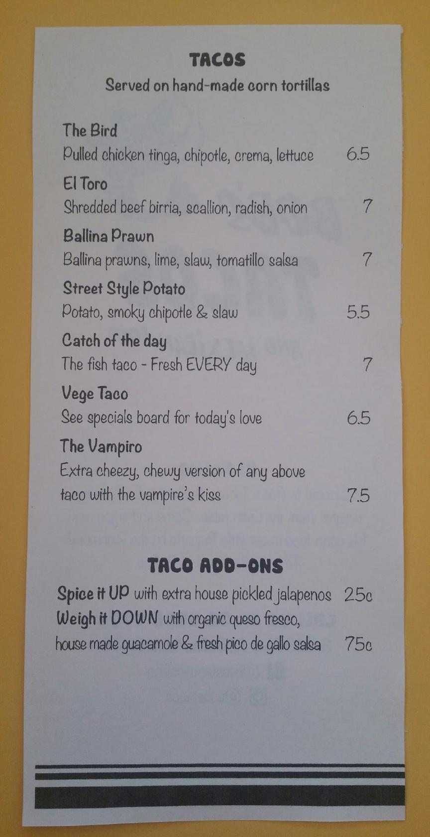 Menu at Bob's Tacos restaurant, Ballina