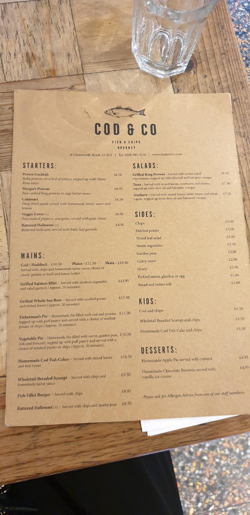 Menu at Cod & Co. restaurant, London