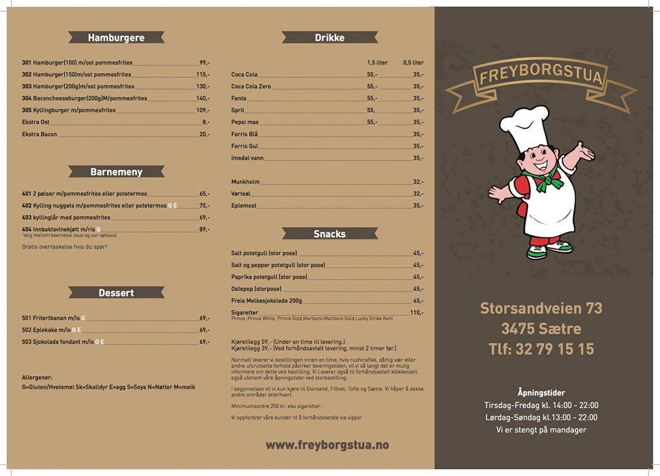 Menu at Freyborgstua restaurant, Norway