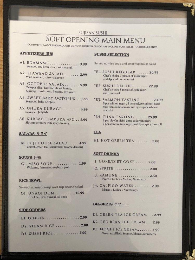 Menu at Fujisan Sushi restaurant, Bellingham