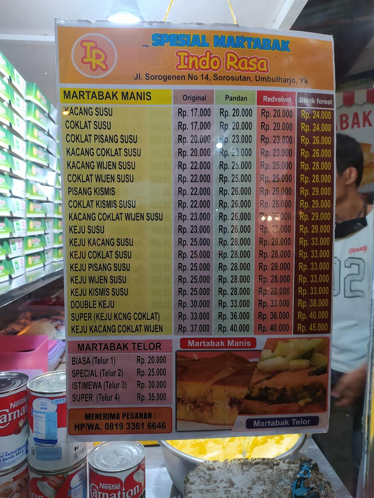 Menu at Martabak Indo Rasa Sorogenen restaurant, Yogyakarta