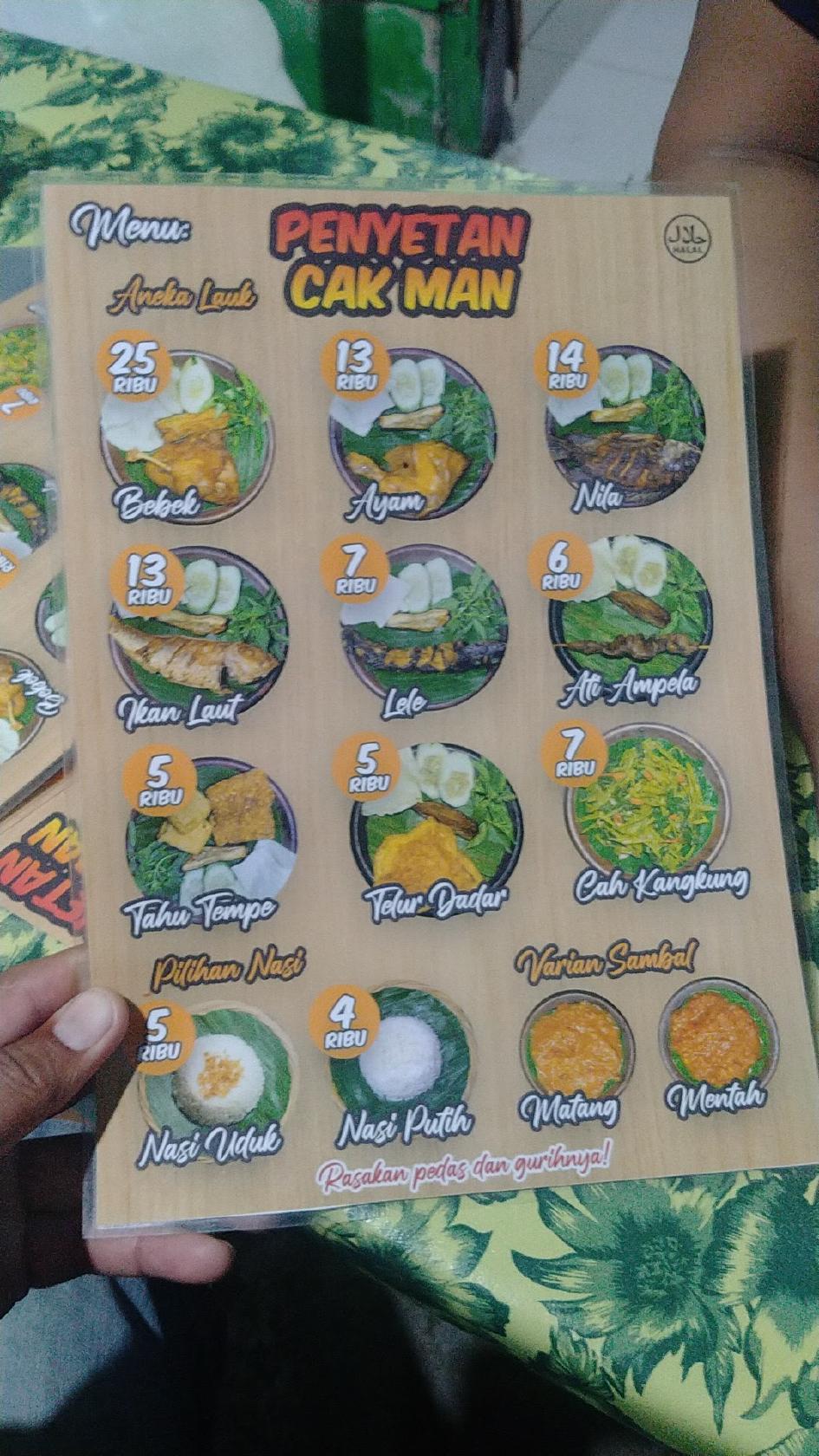Menu at Penyetan Cak Man restaurant, Denpasar