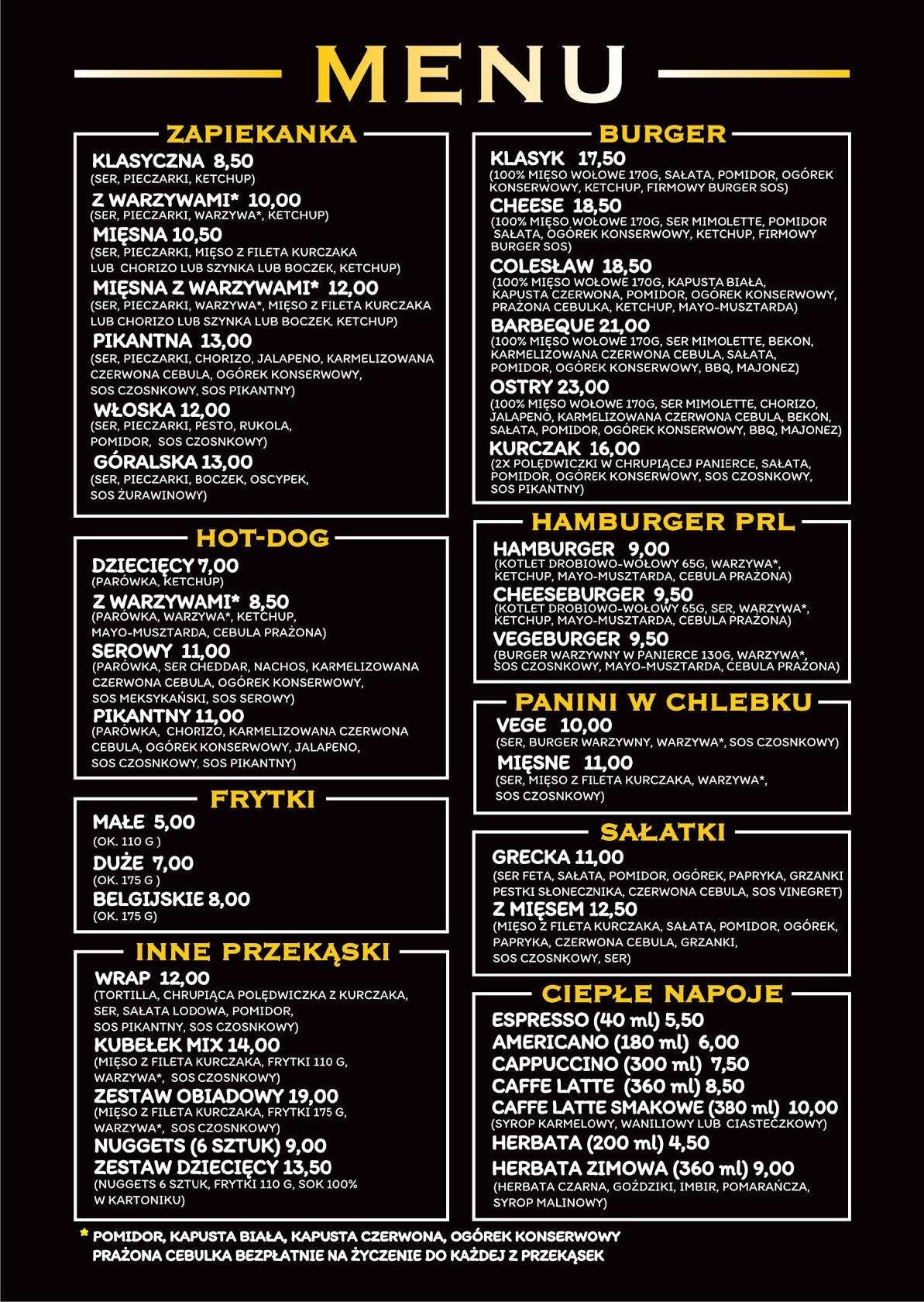 Menu at Przekąska restaurant, Warsaw