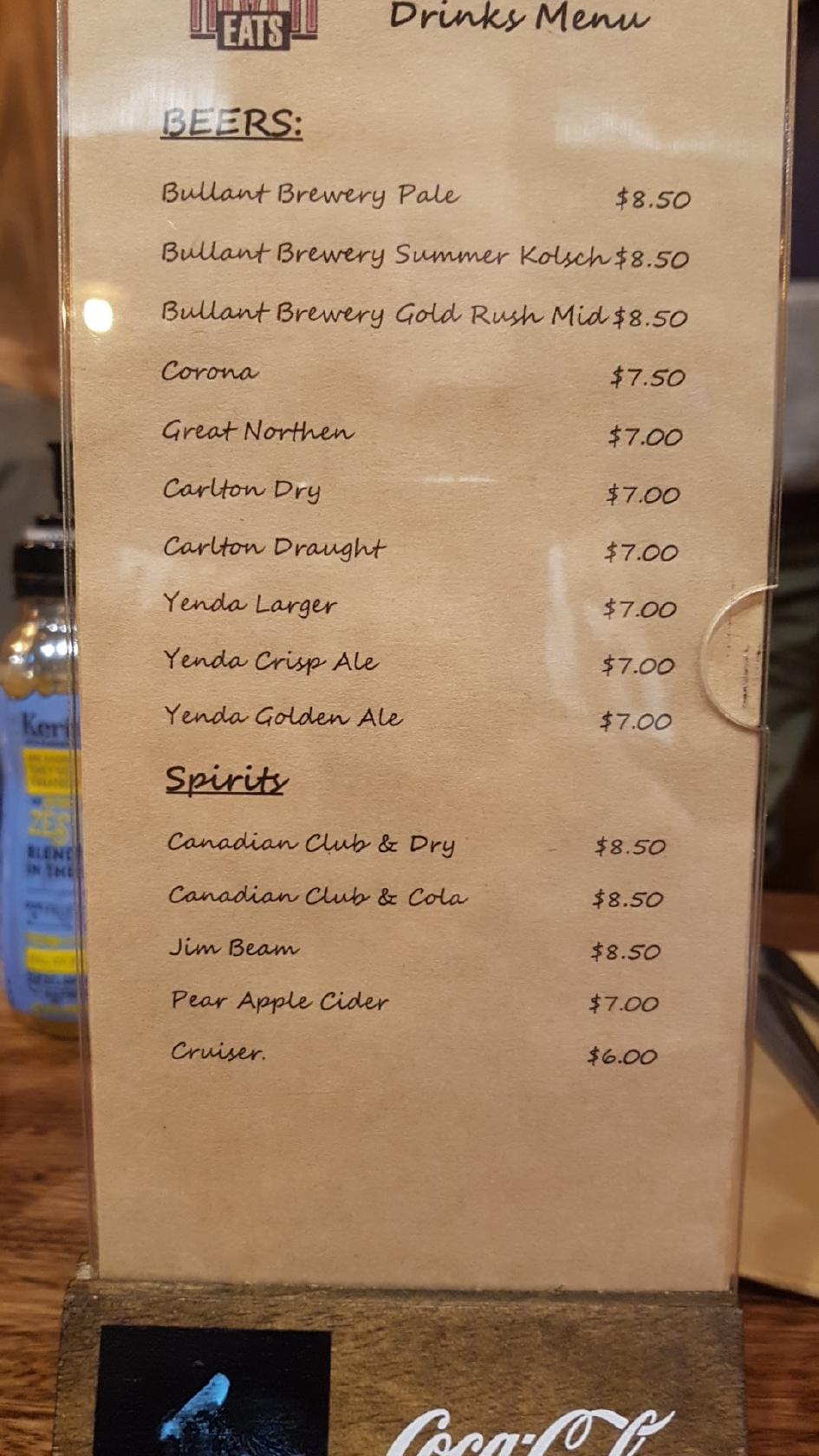 Menu at Rustic River Eats cafe, Bairnsdale