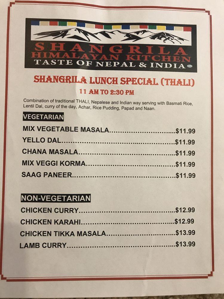 Menu at Shangrila Himalayan Kitchen restaurant, South Lake Tahoe