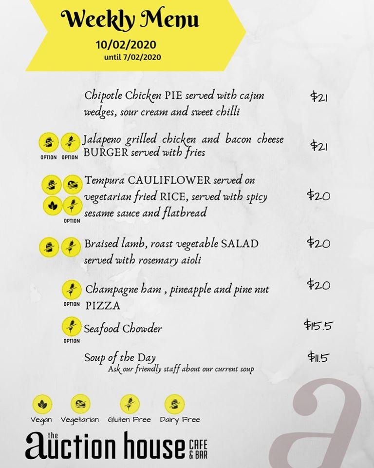 Menu at The Auction House cafe, Invercargill
