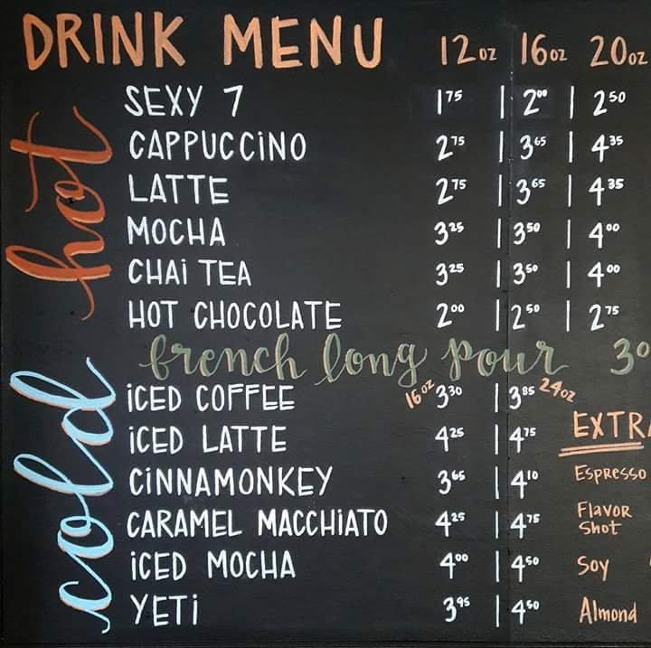 Menu at Bald Monkey Beanery restaurant, Goose Creek