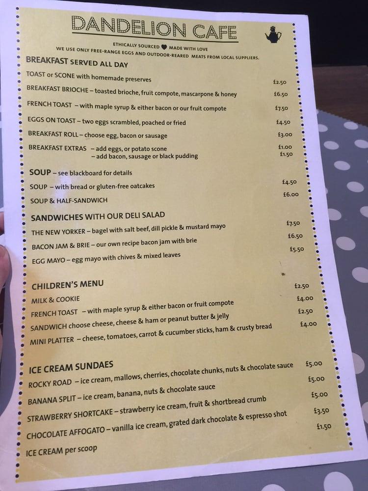 Menu at Dandelion Cafe, Glasgow