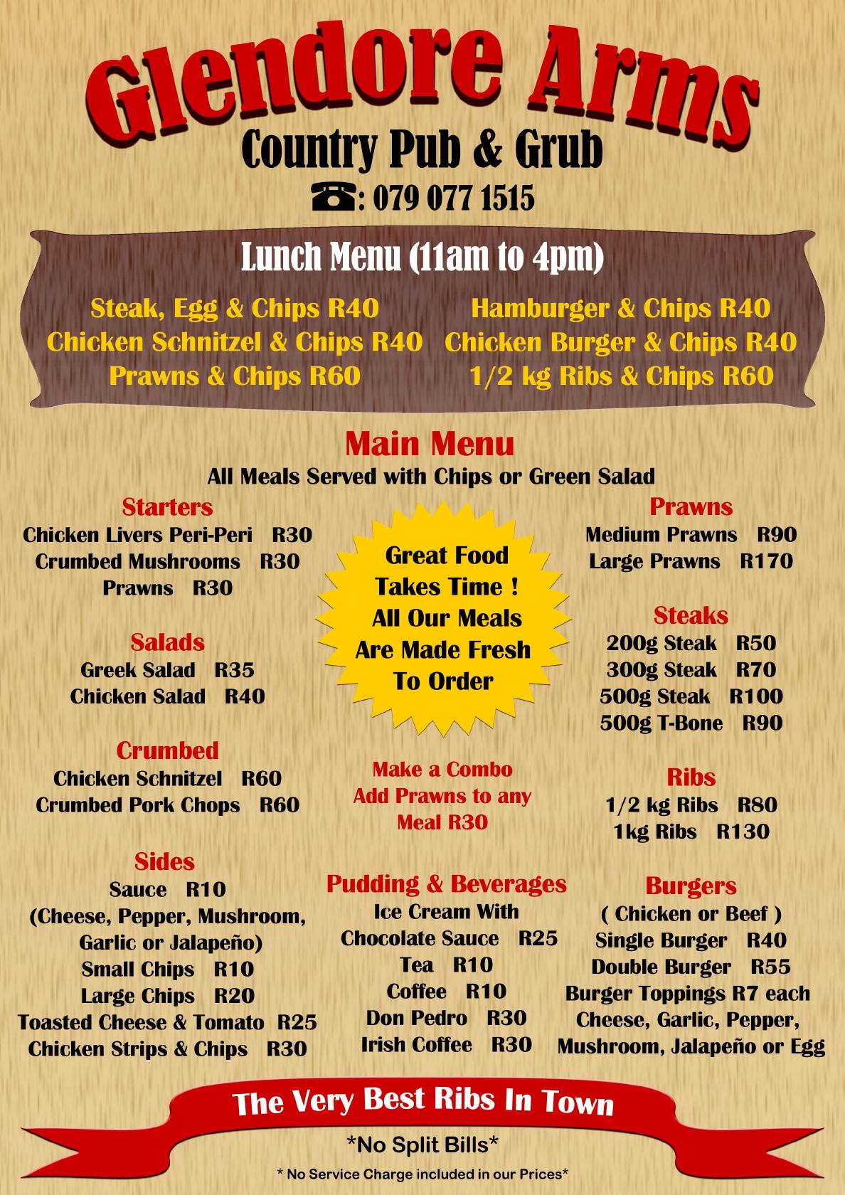 Menu at Glendore Pub & Grub, Port Elizabeth