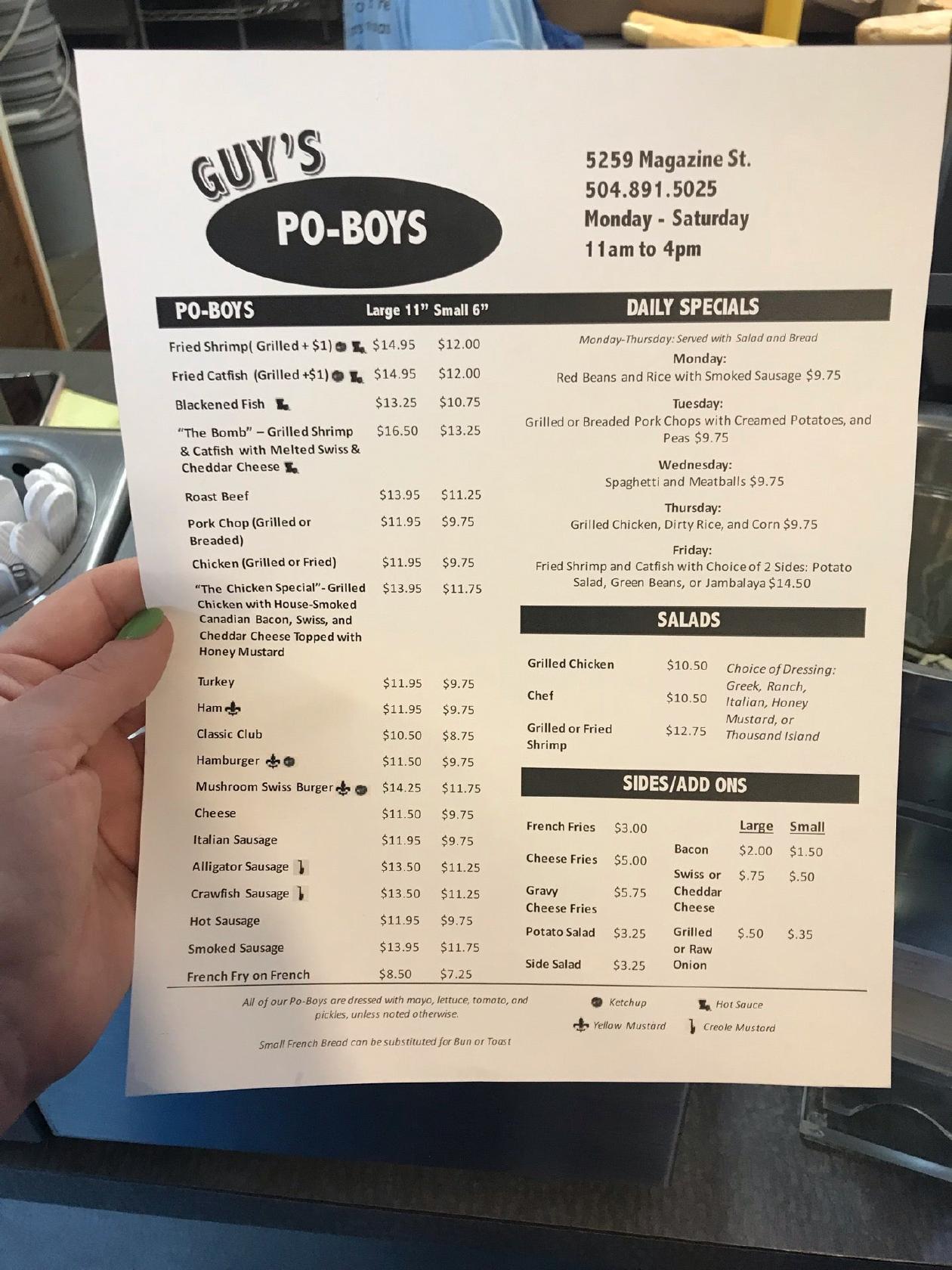 Menu at Guy's Po-Boys restaurant, New Orleans