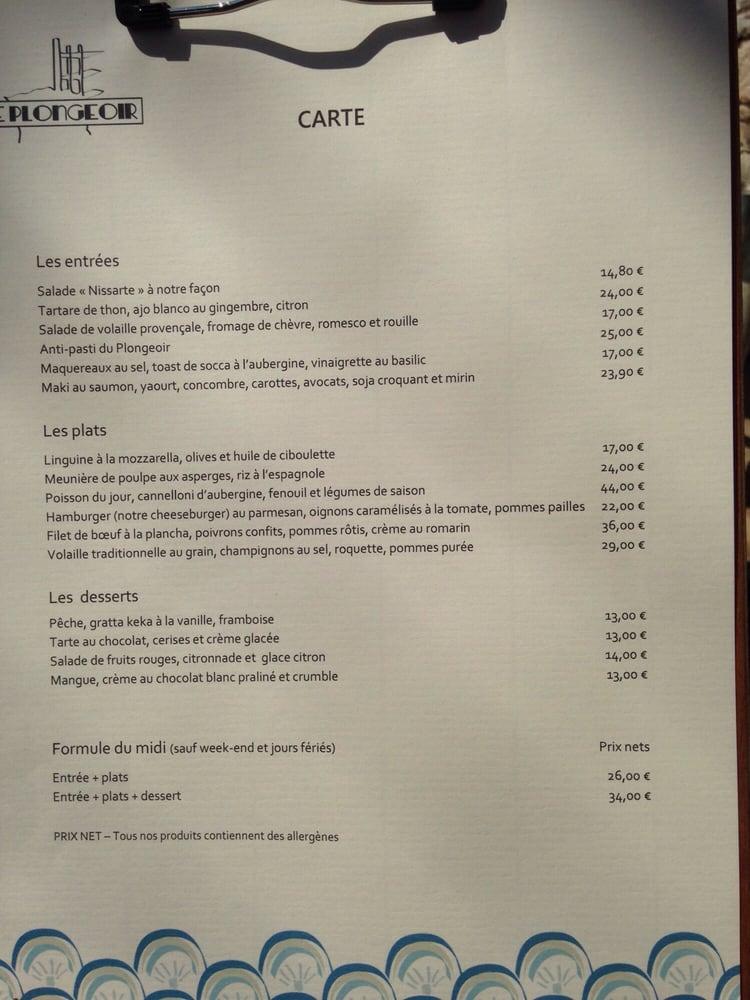 Menu au Le Plongeoir restaurant, Nice