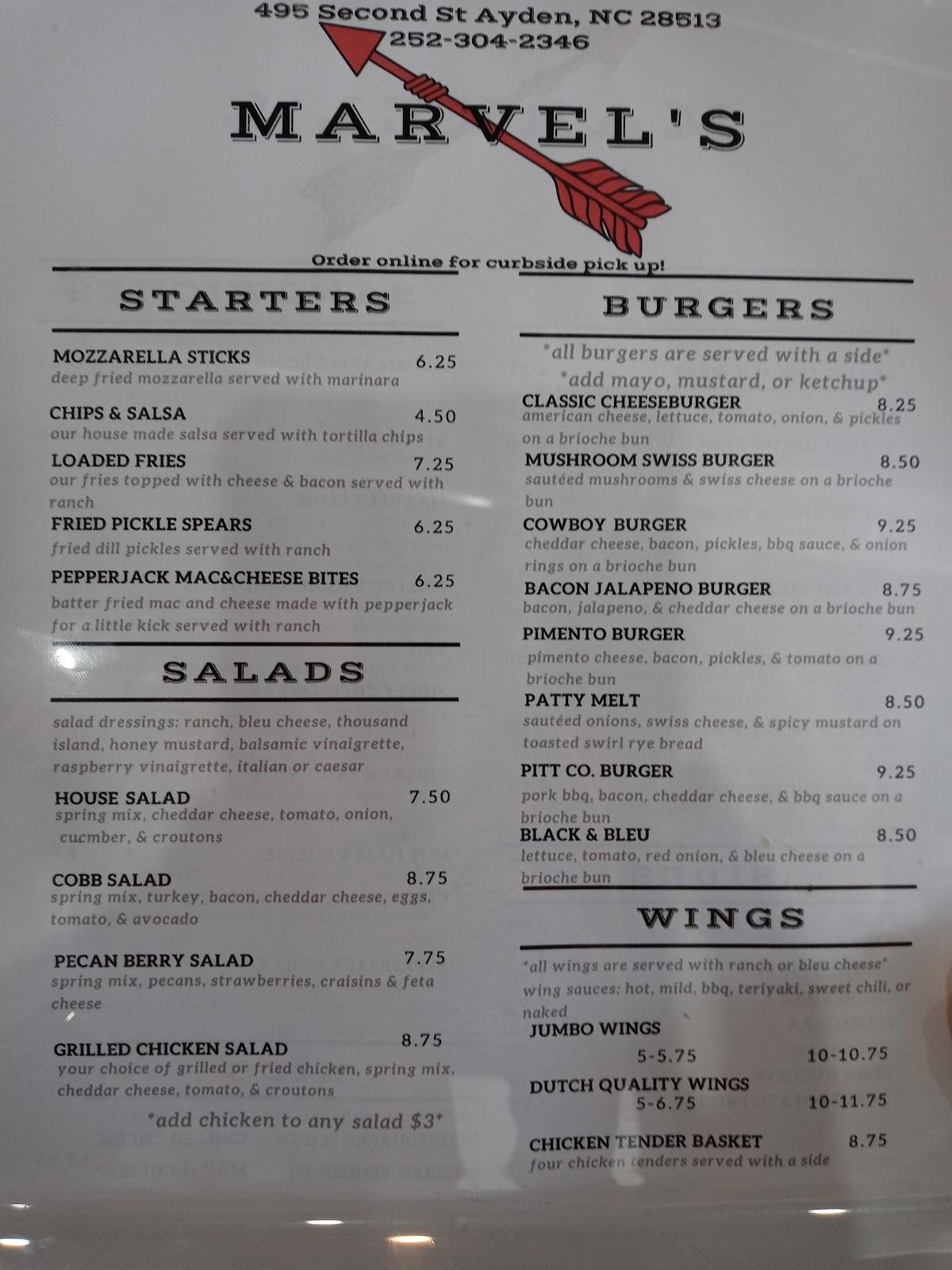 Menu at Marvel's Restaurant, Ayden