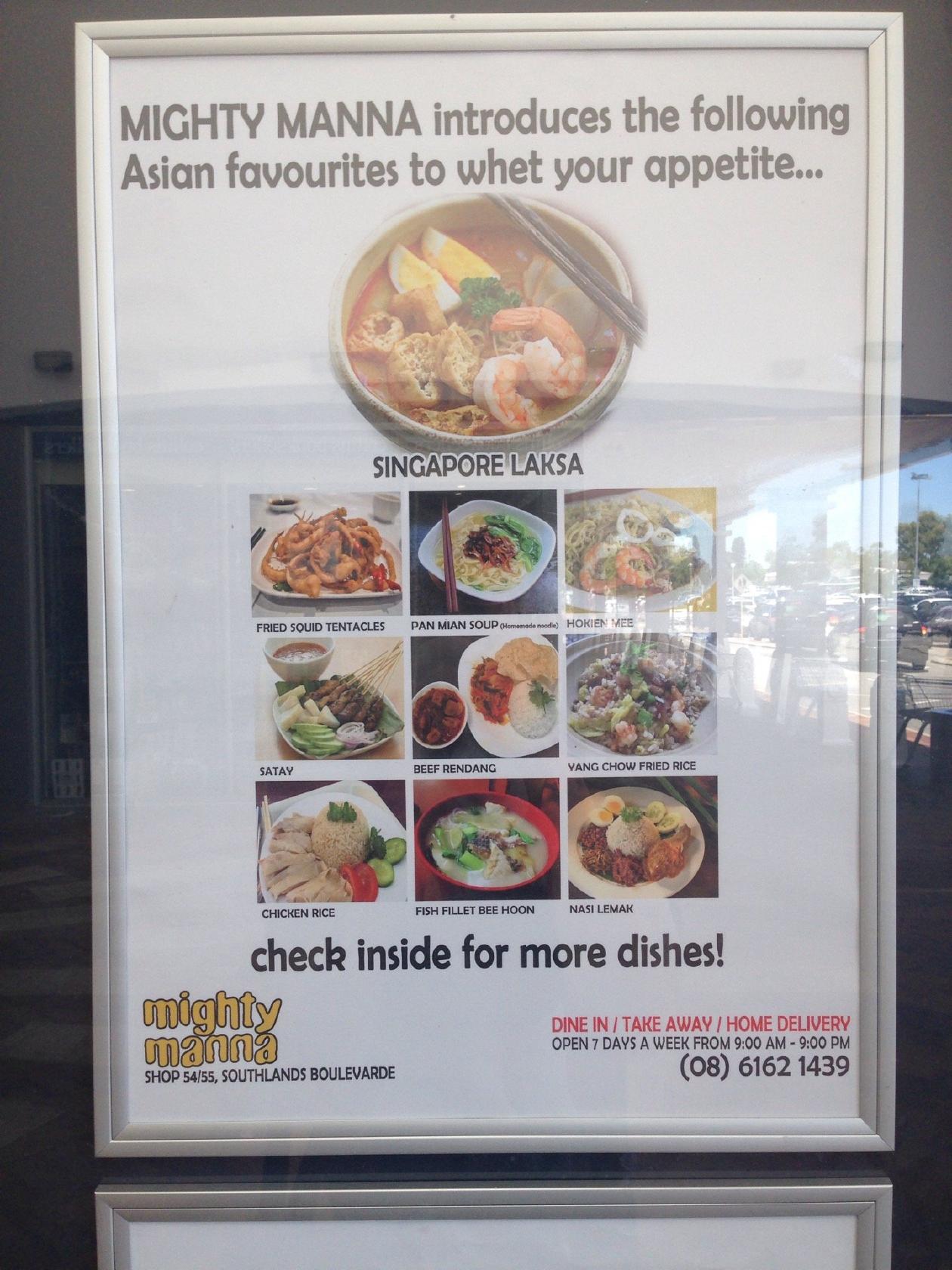 Menu at Might Manna restaurant, Willetton