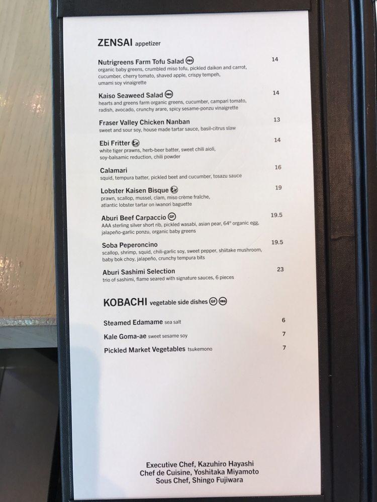Menu at Miku Vancouver restaurant, Vancouver
